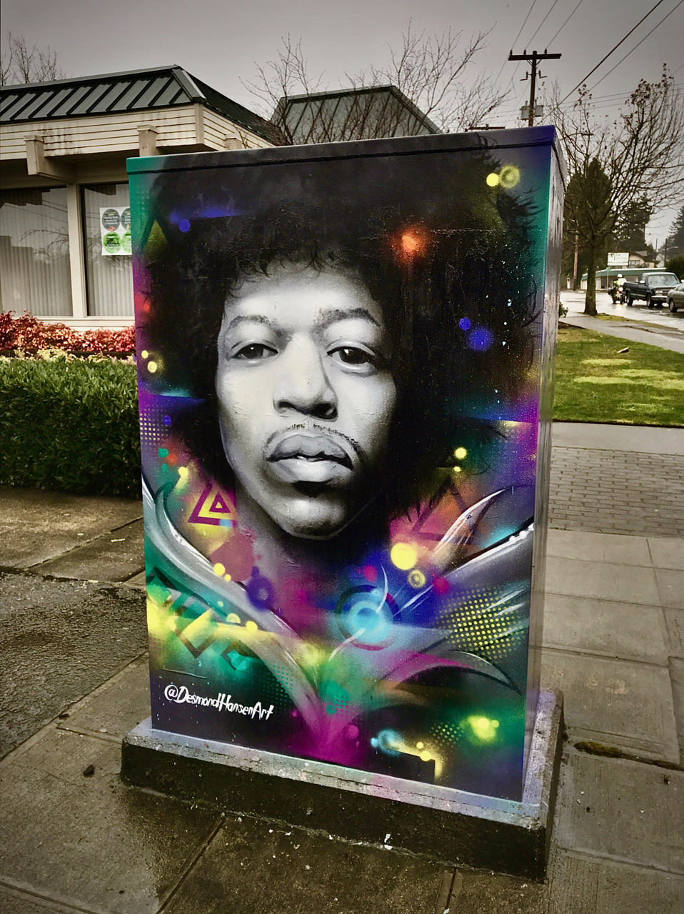 Jimi Hendrix is now in the Morgan Junction; Traffic signal box painting ...